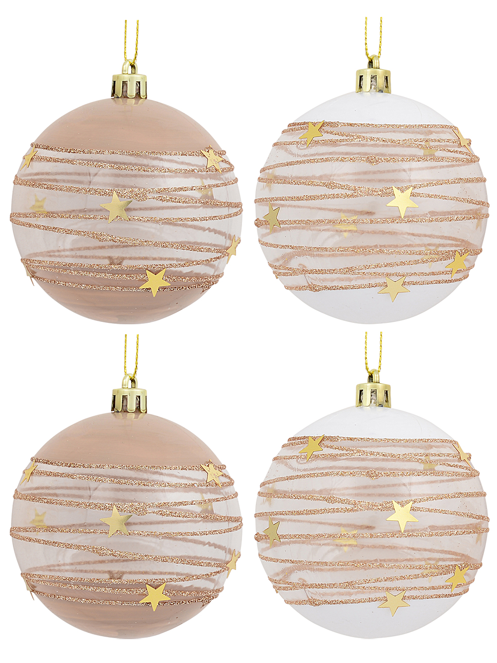 Taupe, White & Clear Baubles With Gold Stars & Glitter Lines - 6 X 60mm ...